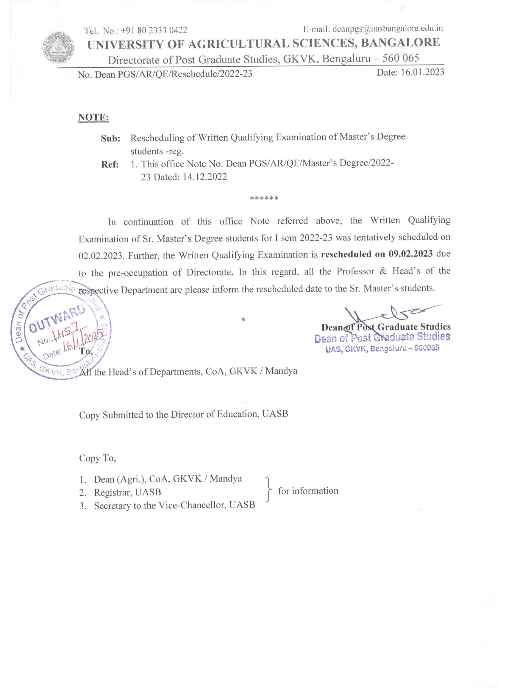 Rescheduling of Written Qualifying Examination of Masters – DEPARTMENT ...